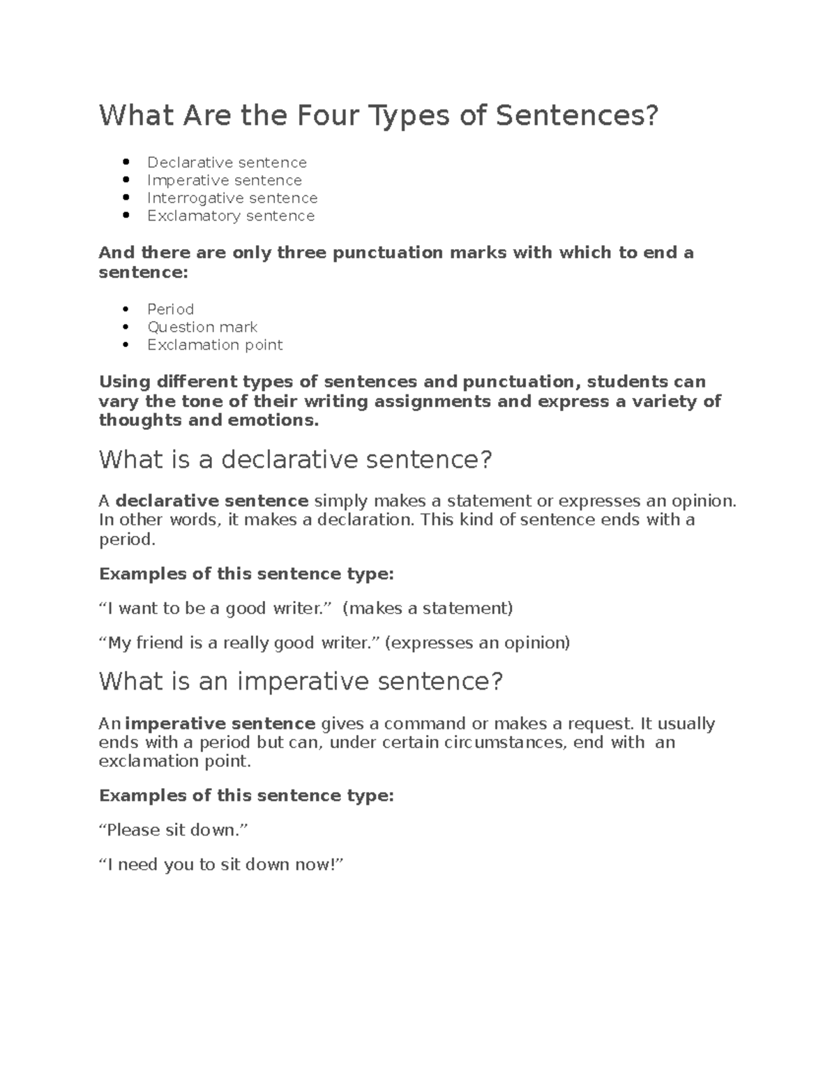 Grade 4 - What Are the Four Types of Sentences? Declarative sentence ...