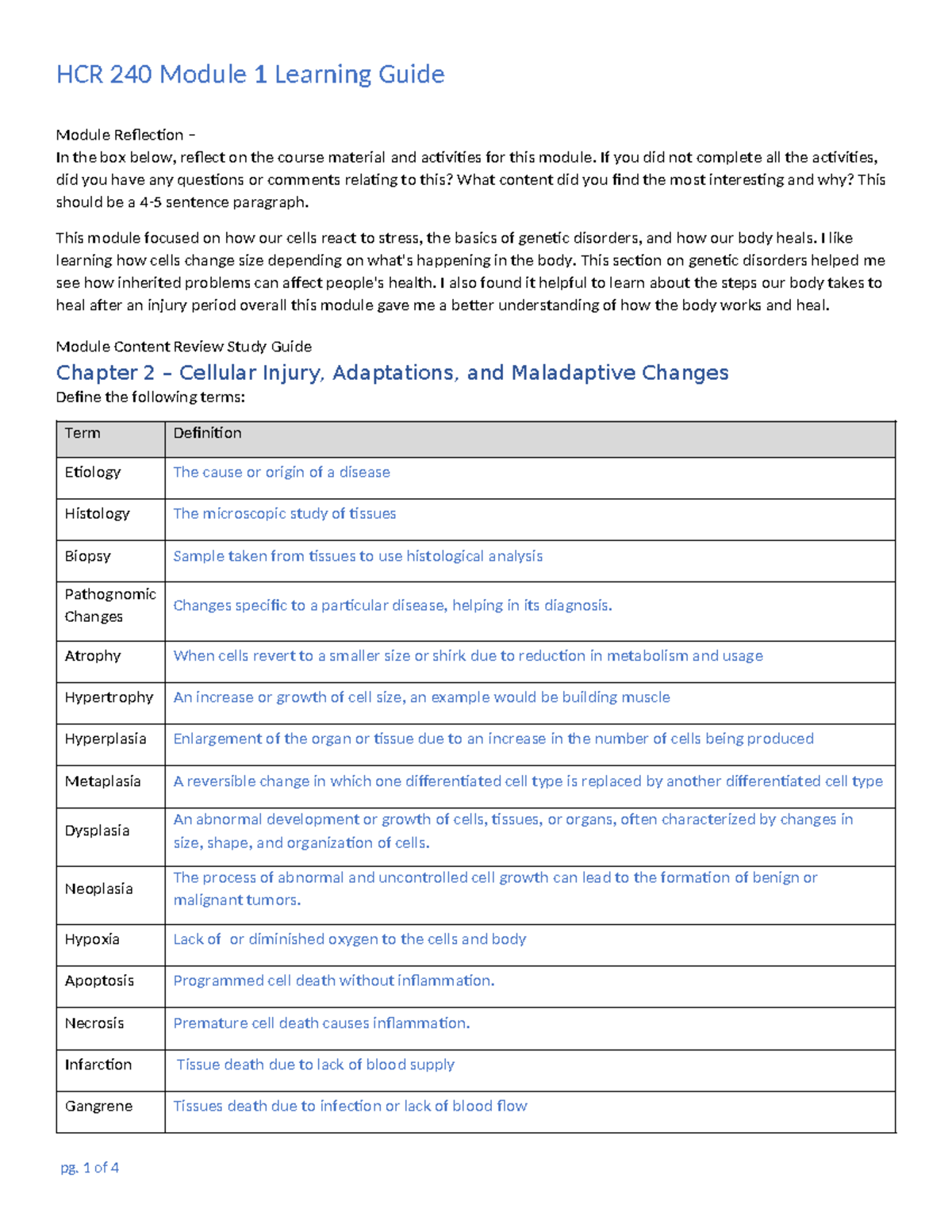 HCR 240 Module 1 Reflection & Study Guide on Cellular and Genetic ...