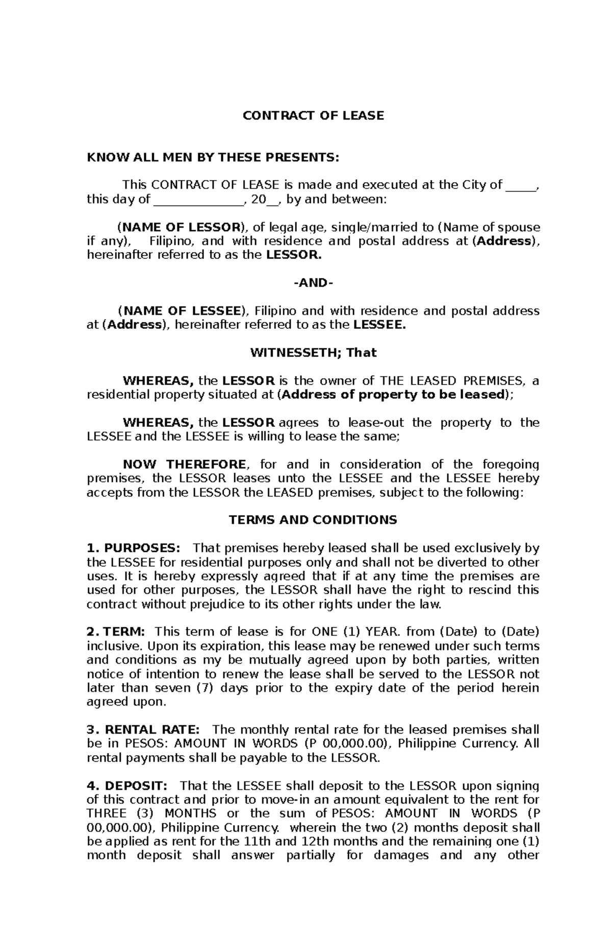 Contract of Lease Agreement Template for Residential Property - Studocu