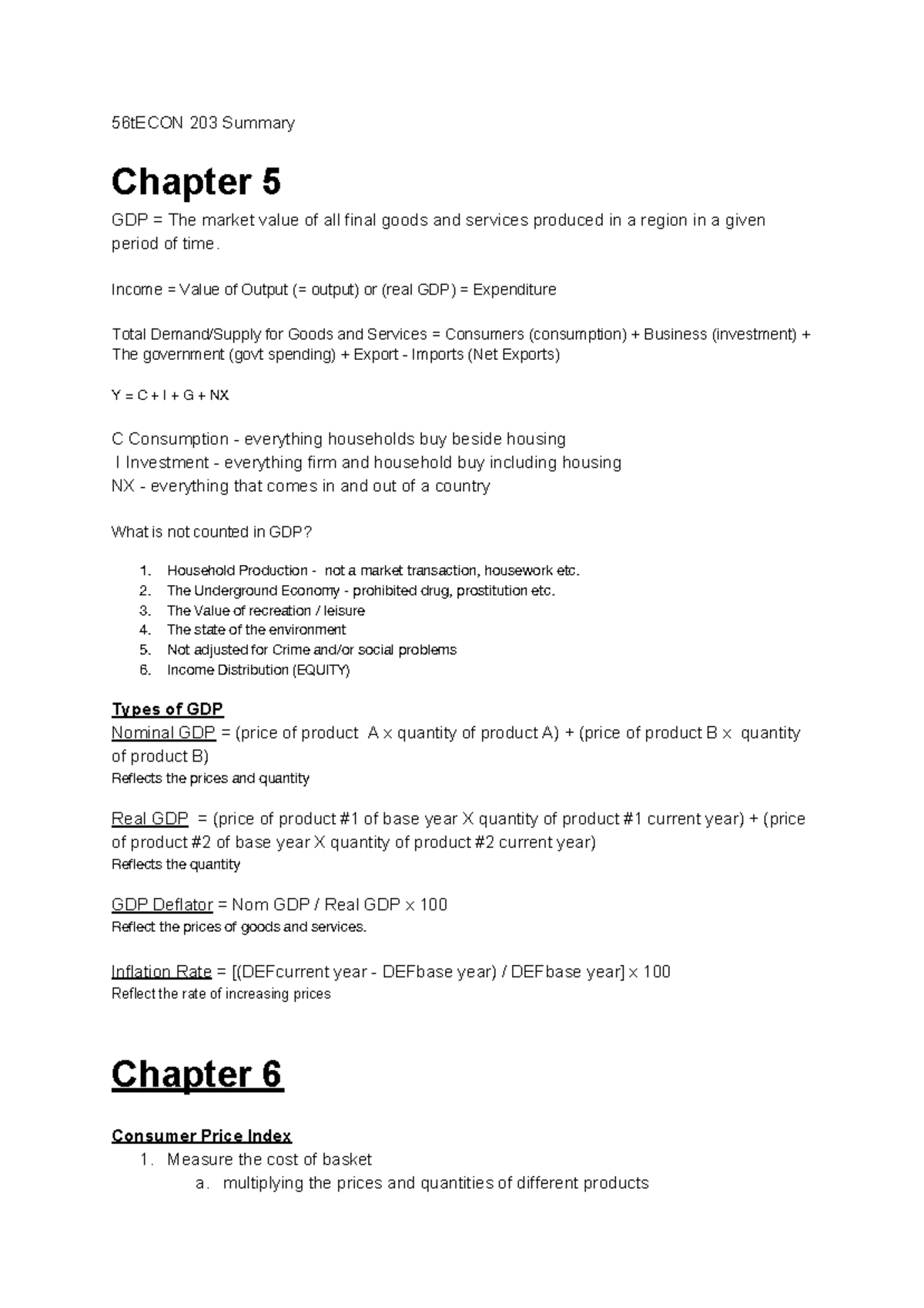 ECON 203 Compilation Notes - 56tECON 203 Summary Chapter 5 GDP = The ...