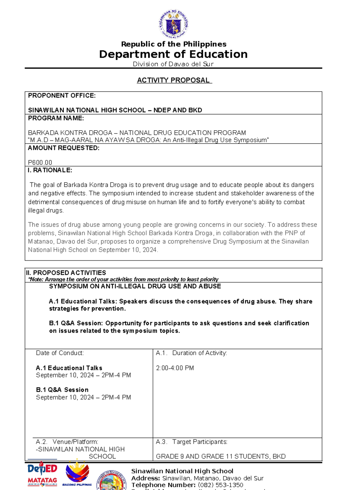 Anti-Illegal Drug Use Symposium Proposal - BKD Activity - Studocu