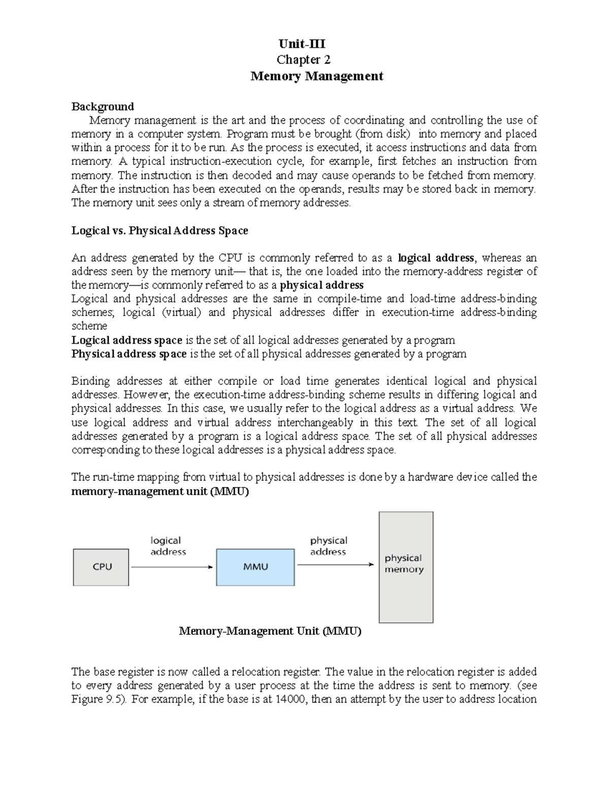 Unit III: Chapter 2 - Memory Management Concepts and Techniques - Studocu