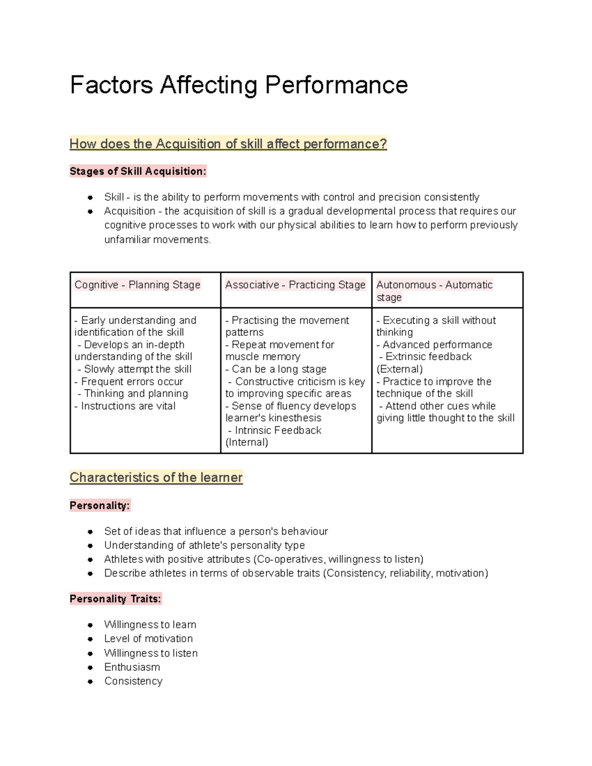 Pdhpe Core 2 - Impact of Skill Acquisition on Performance - Studocu