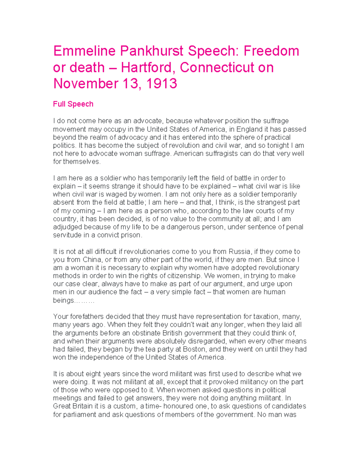 Emmeline Pankhurst's Speech: "Freedom or Death" - Hartford, 1913 - Studocu