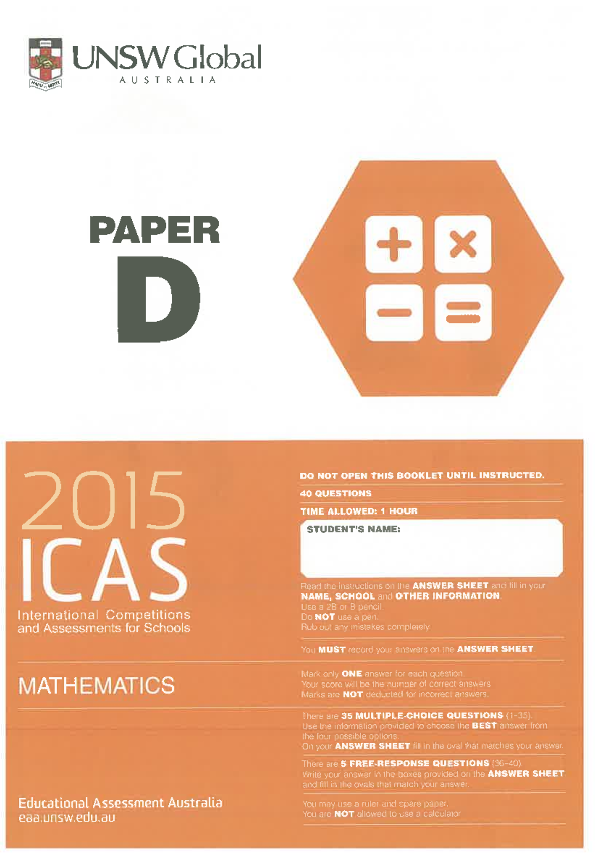2015 ICAS Mathematics Paper D - Complete Question Set and Instructions ...