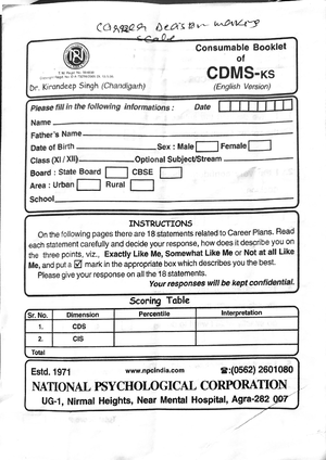 SPM - Manual - Psychology HL - SPM – Scoring Key A B C D E - Studocu