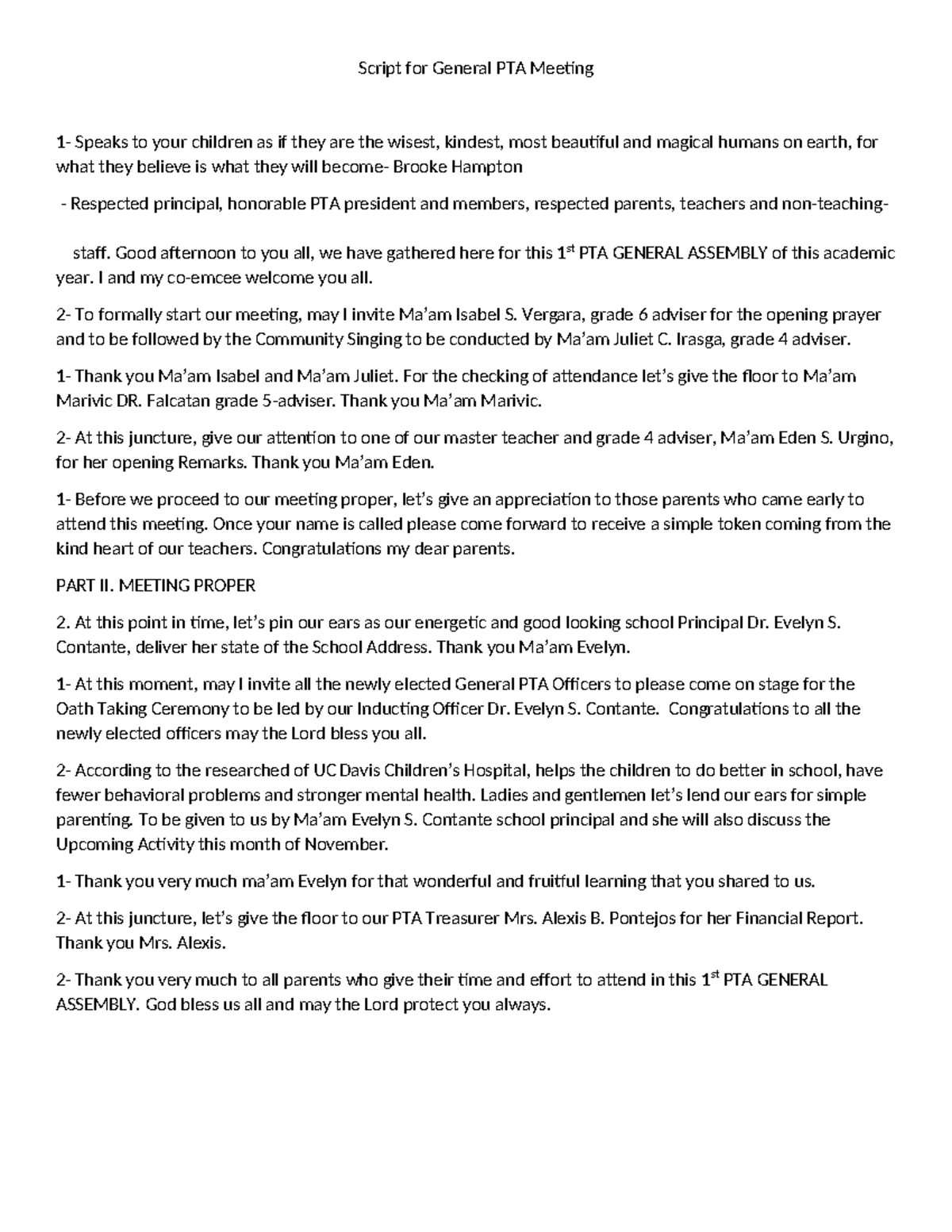 Script for 1st General PTA Meeting: Emcee's Guide - Studocu