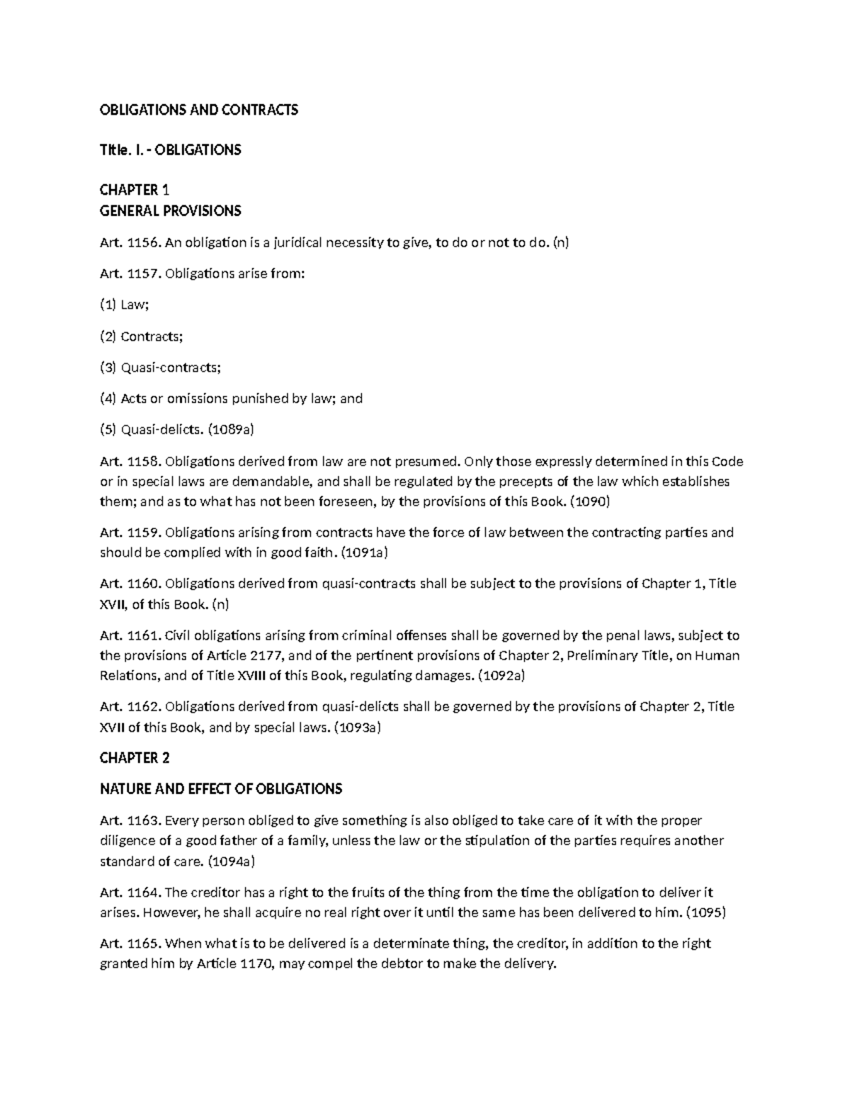 OBLIGATIONS AND CONTRACTS (LAW 101) - CHAPTER 1 OVERVIEW - Studocu
