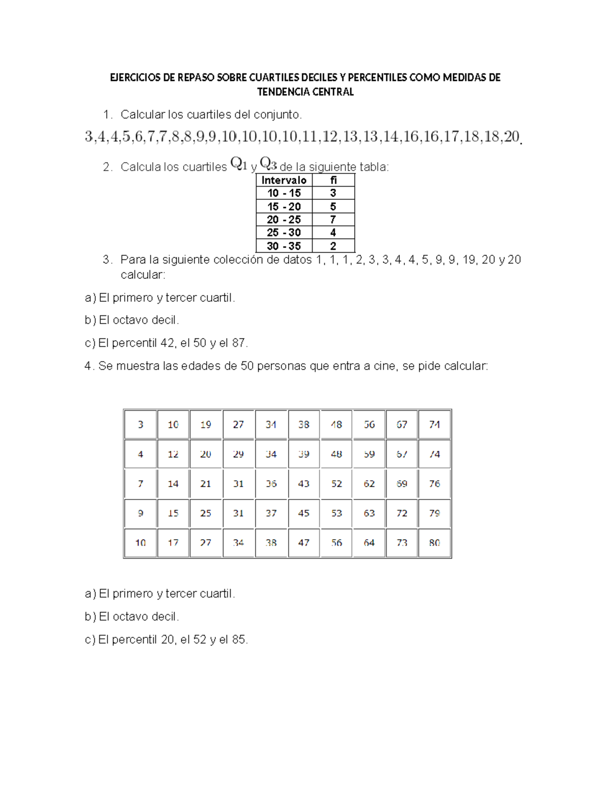 Ejercicios DE Repaso: Cuartiles, Deciles Y Percentiles - Tendencia ...