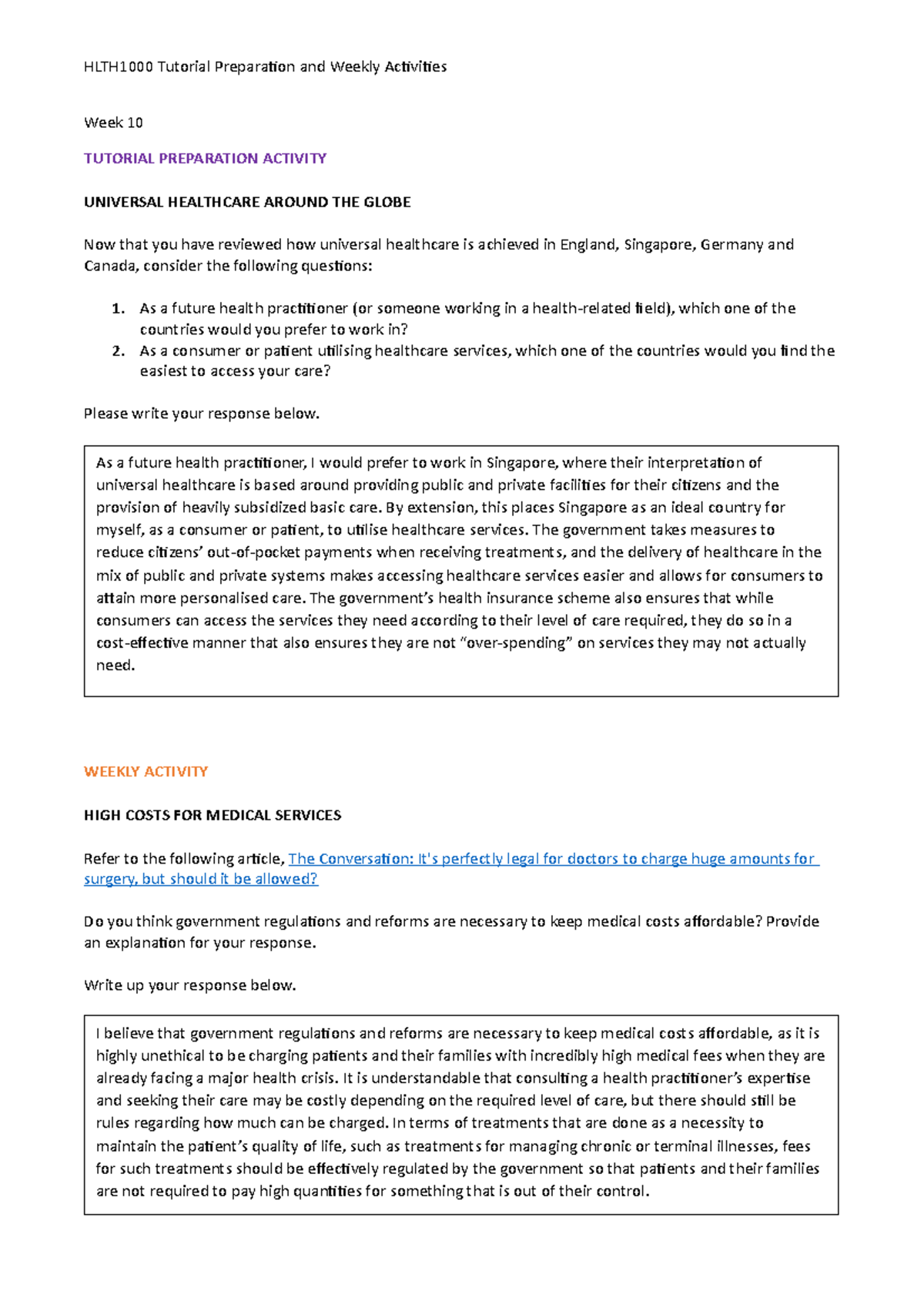 HLTH1000 Tutorial Preparation and Weekly Activities (Week 10 ...