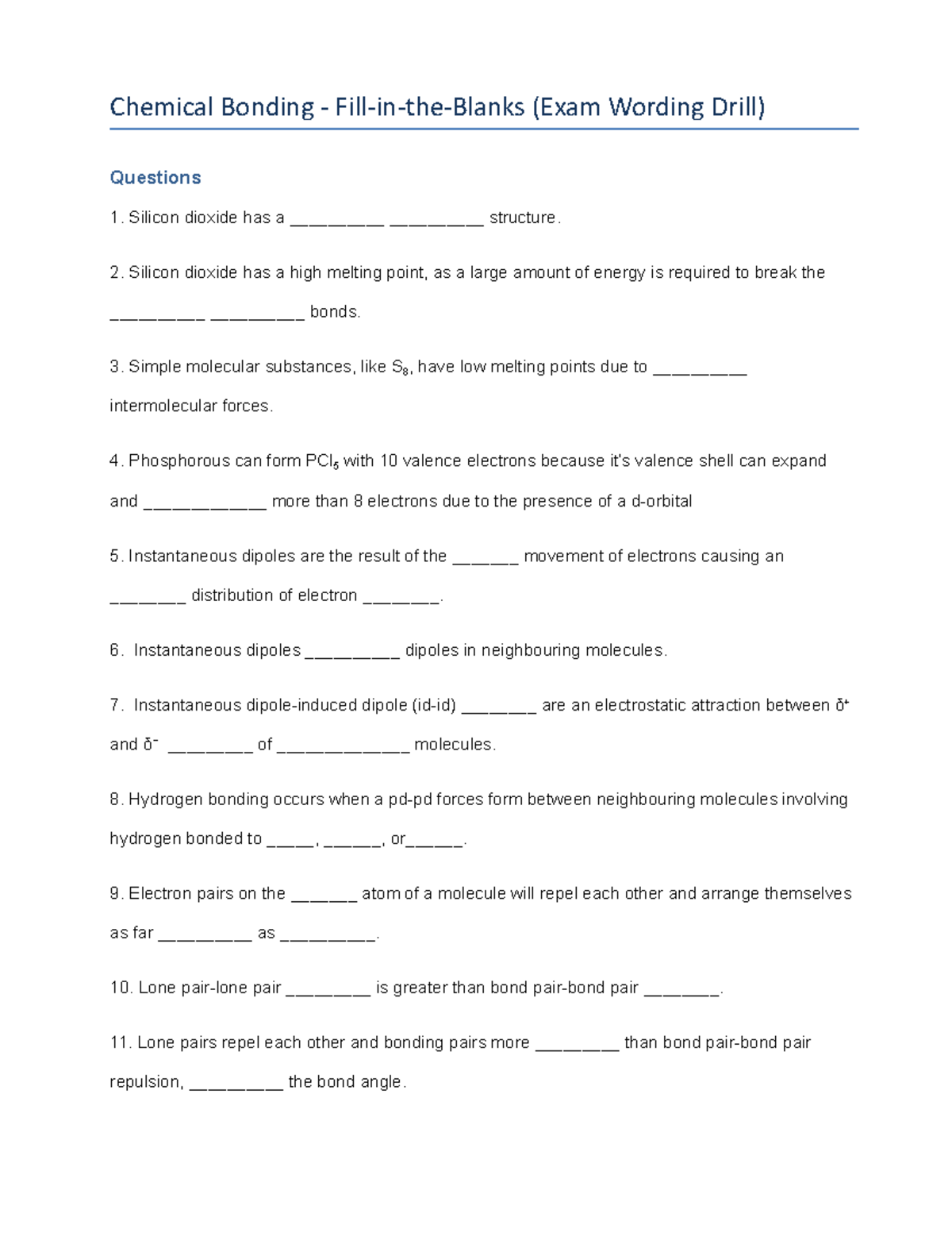 Chemical Bonding (CHEM101) Fill-in-the-Blanks Exam Guide - Studocu