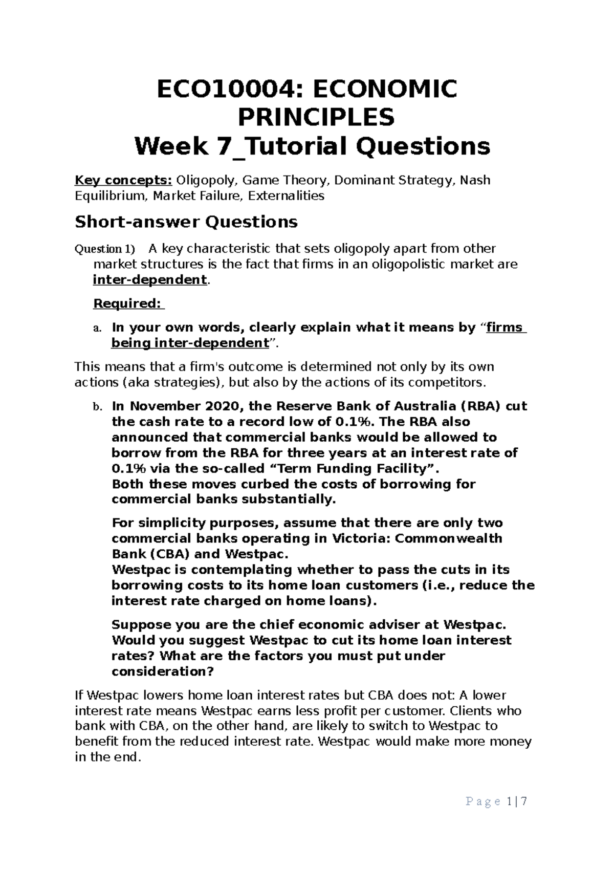 Week 7 Tutorial Questions-1 - ECO10004: ECONOMIC PRINCIPLES Week 7 ...