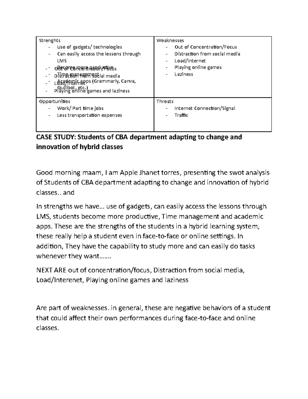 SWOT Analysis of CBA Students Adapting to Hybrid Classes - Studocu