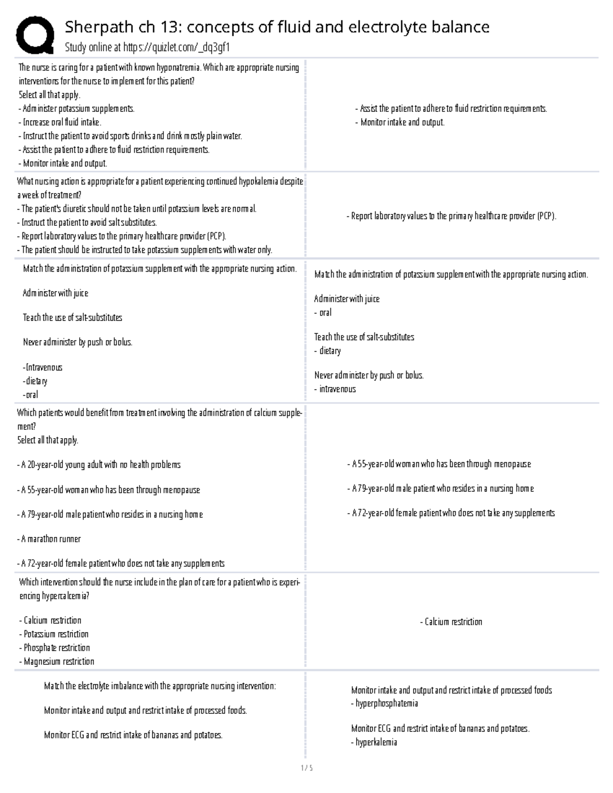 Sherpath CH 13: Fluid & Electrolyte Balance Nursing Interventions - Studocu