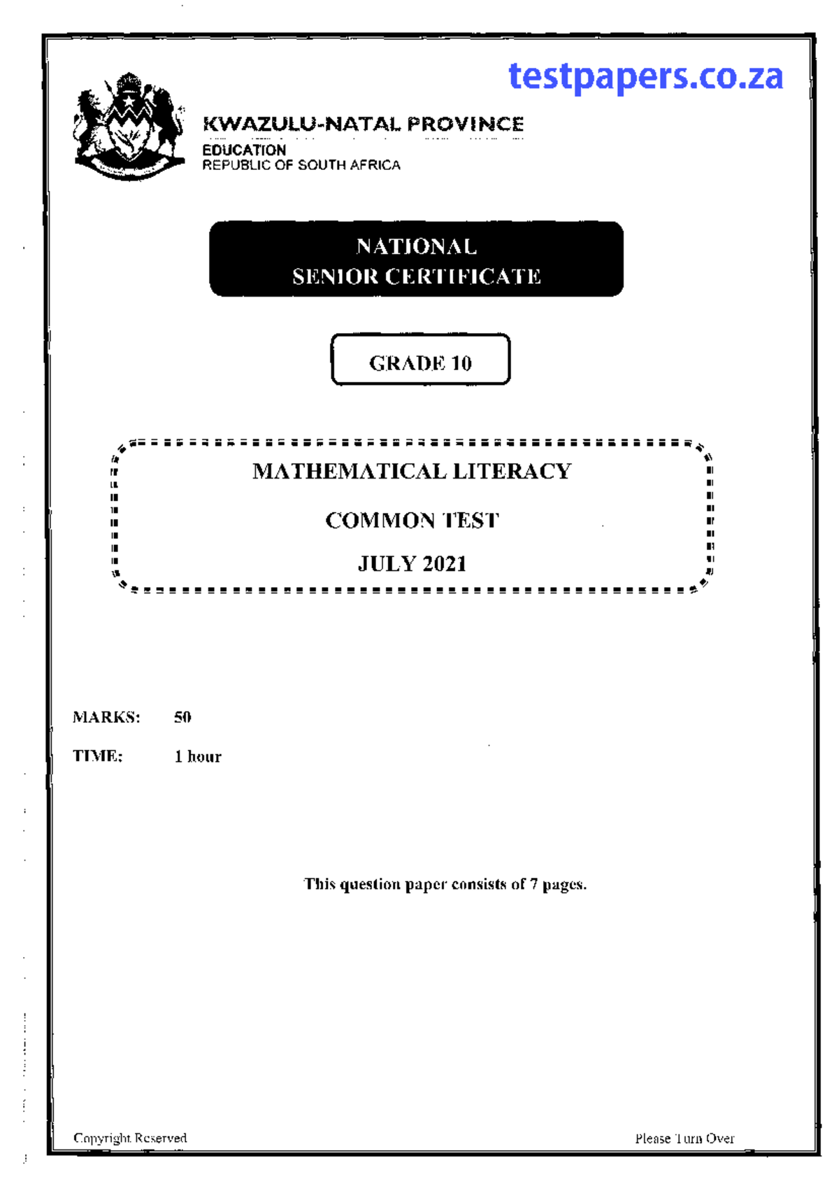 Mathematical Literacy Grade 10 Common Test July 2021 Question Paper ...