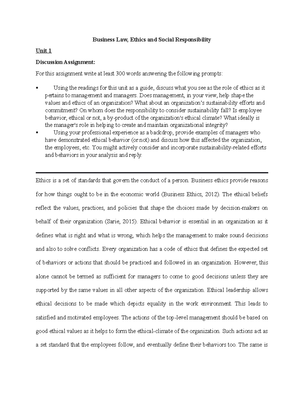 Business Ethics Unit 1 Discussion Assignment - Business Law, Ethics and ...