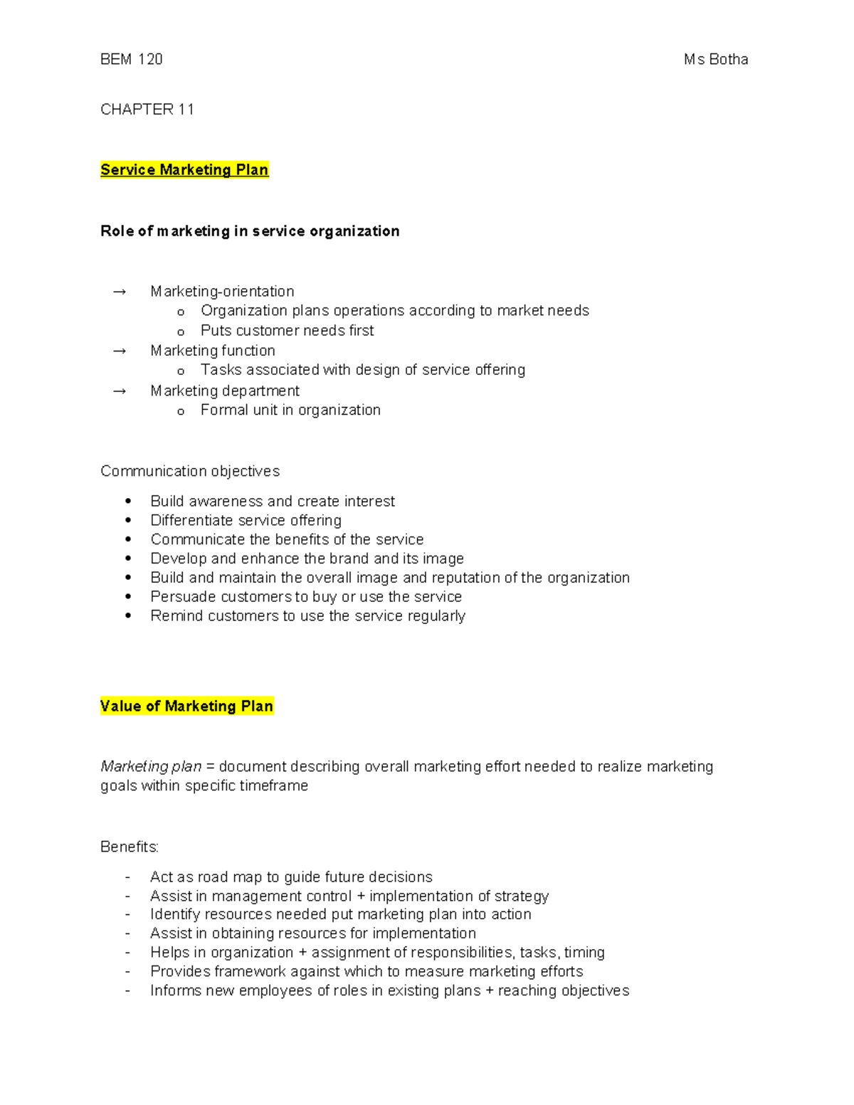 BEM Ch11 notes - BEM 120 Ms Botha CHAPTER 11 Service Marketing Plan ...
