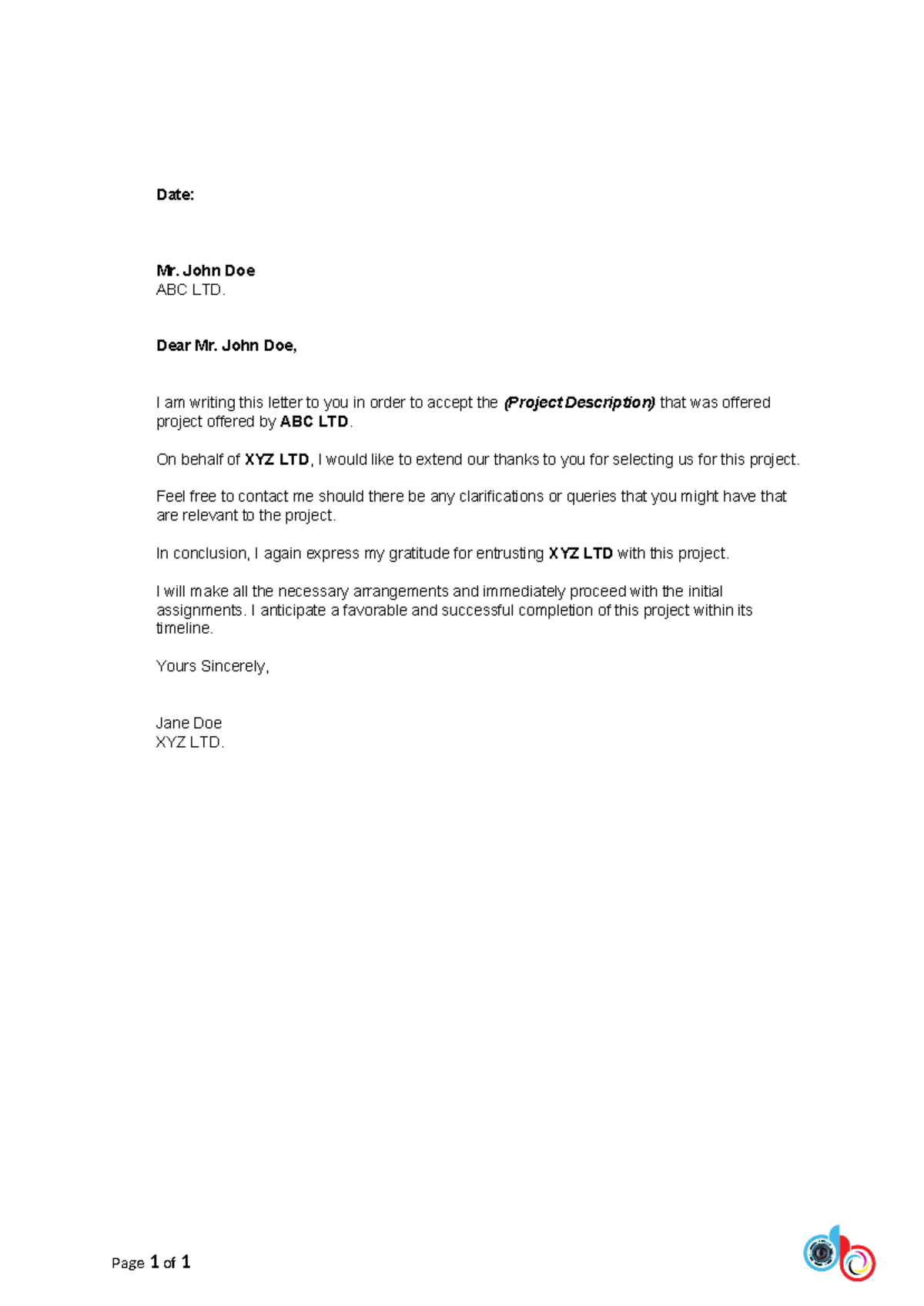 Acceptance Letter Sample for Project by XYZ LTD. - Studocu
