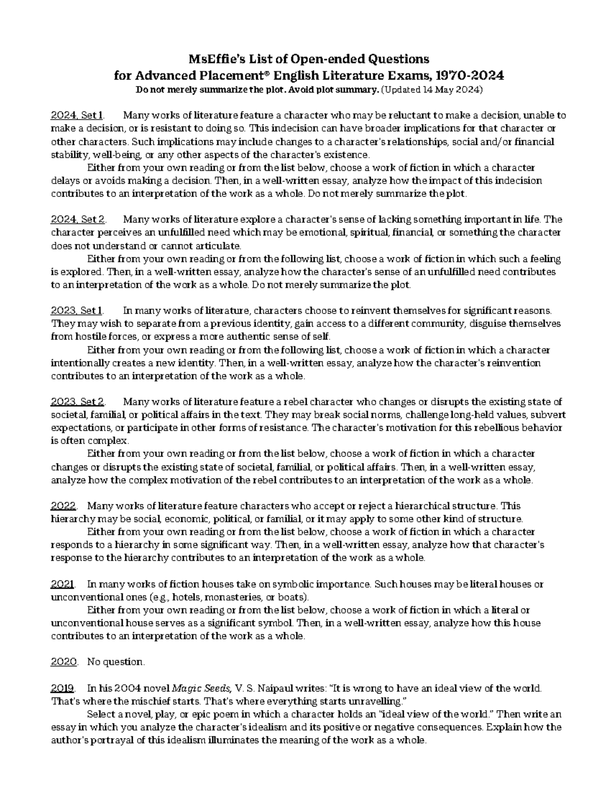 AP Lit Q3 Essay Prompts (1970-2024) - MsEffie’s Guide - Studocu