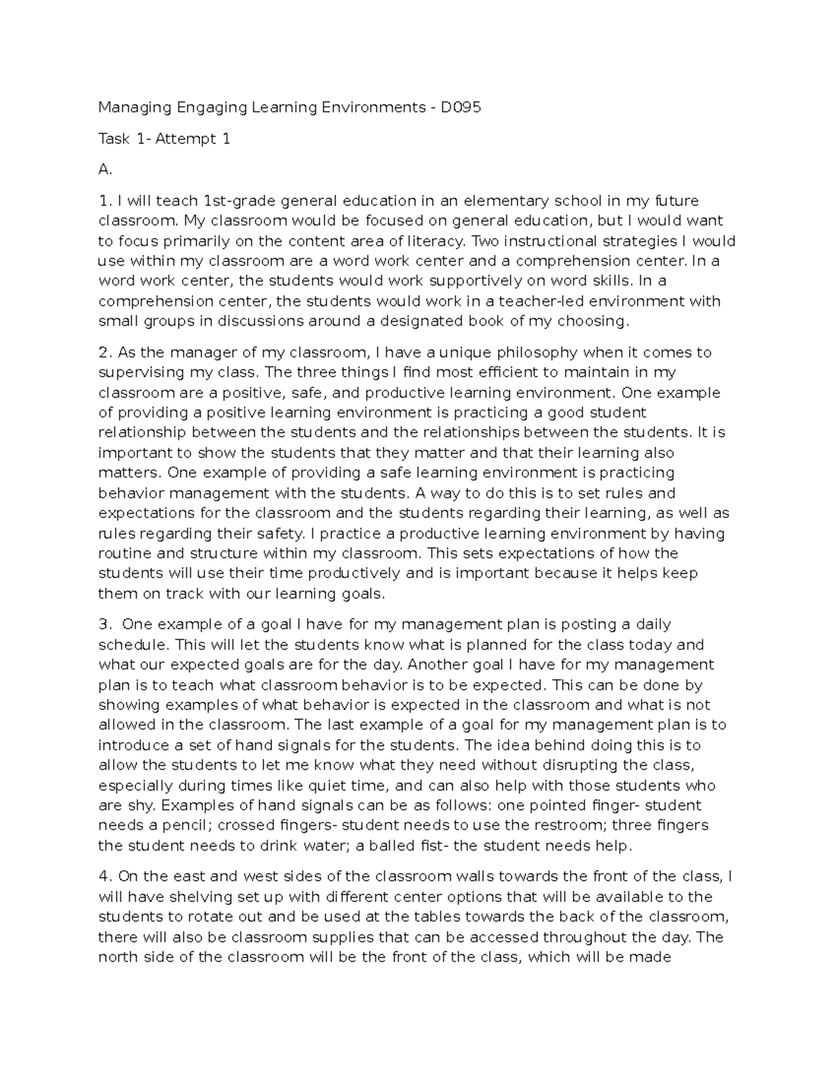 DKM3 Task 1 Assignment - Managing Engaging Learning Environments - D Task 1- Attempt 1 A. I will ...