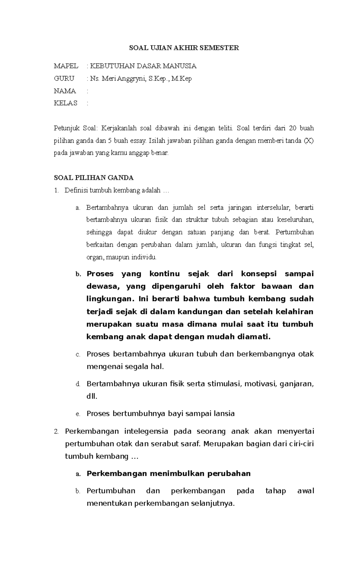 UAS KDM X A: Soal Akhir Semester Kebutuhan Dasar Manusia - Studocu