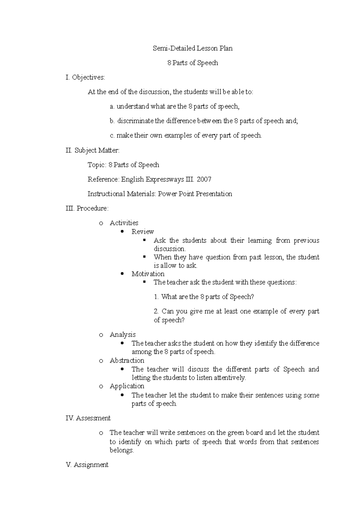 8 Parts of Speech: Semi-Detailed Lesson Plan Guide - Studocu
