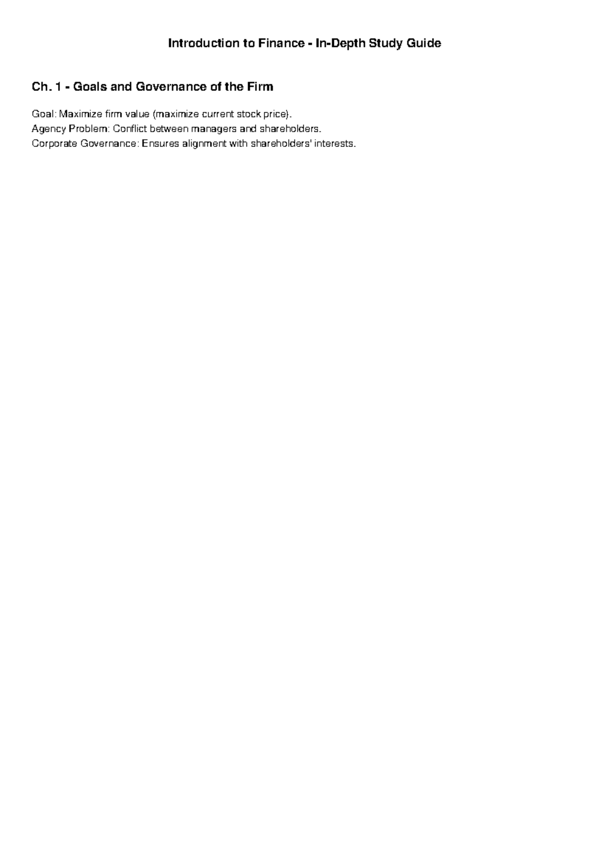 Finance Study Guide - NOtes - Ch. 1 - Goals and Governance of the Firm ...