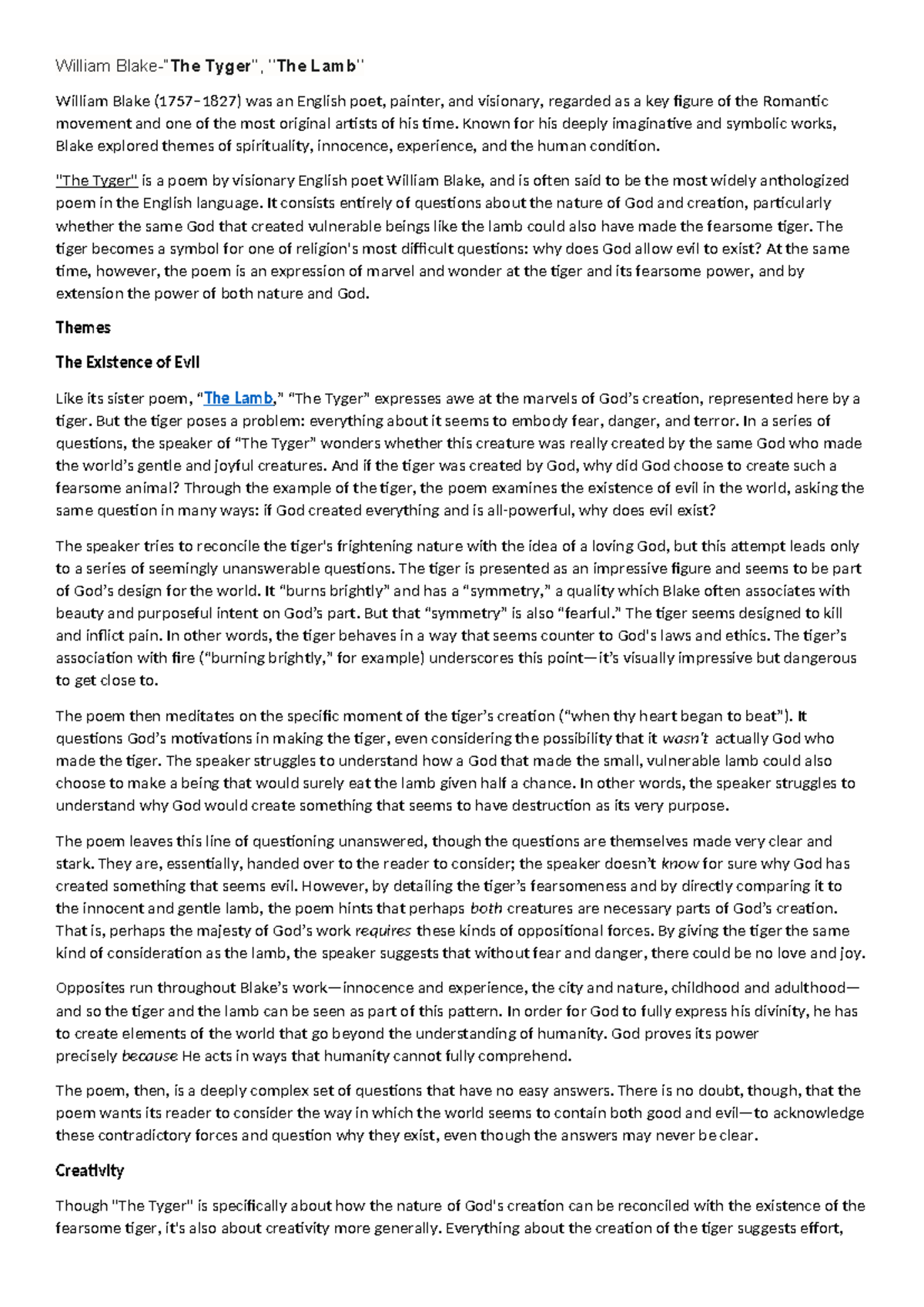 William Blake The Tyger, The Lamb - William Blake-“The Tyger’’, ’’The ...