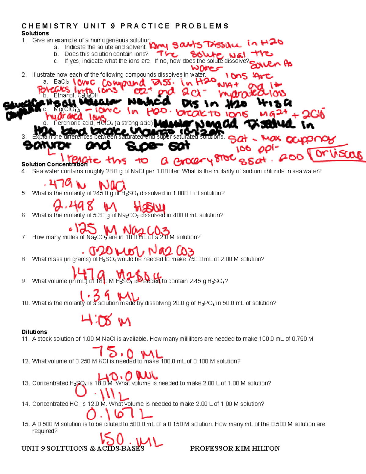 Chemistry Unit 09 Practice Problems: Solutions & Acids-Bases - Studocu