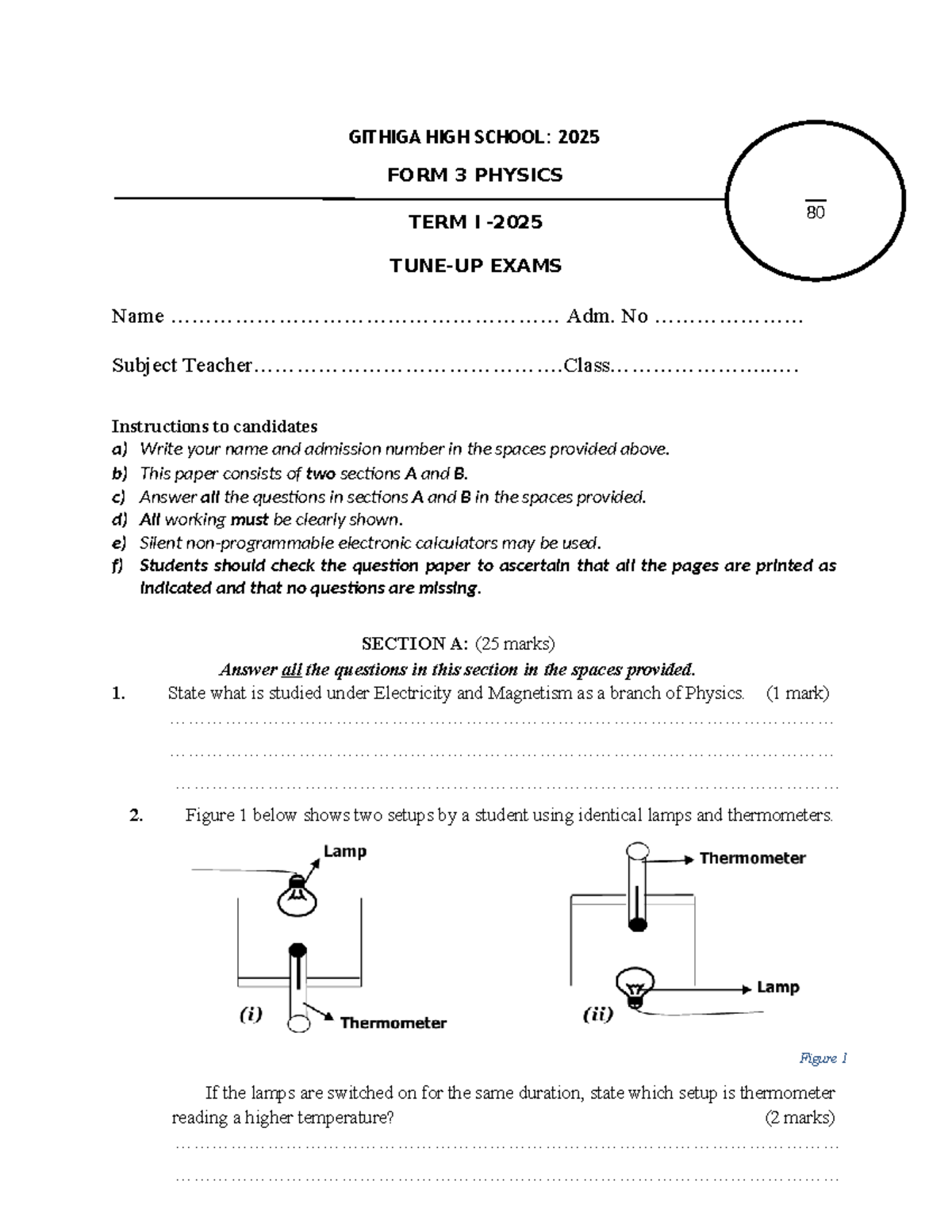 Physics - Form 3 Term I Tune-Up Exam Question Paper - Studocu