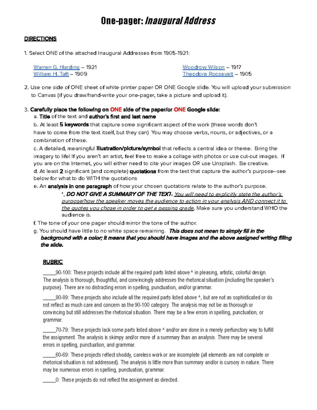 Copy of One-pager instructions Inaugural Address - One-pager: Inaugural ...