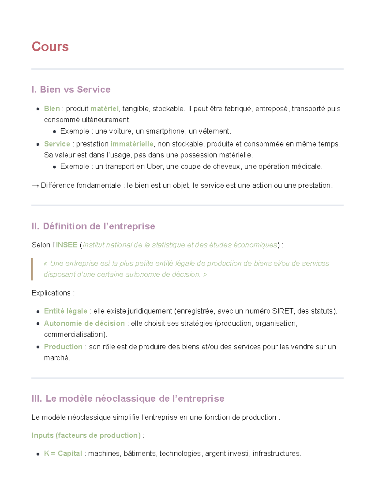 Cours 1 - Bien vs Service : Modèle Néoclassique et Critiques - Studocu