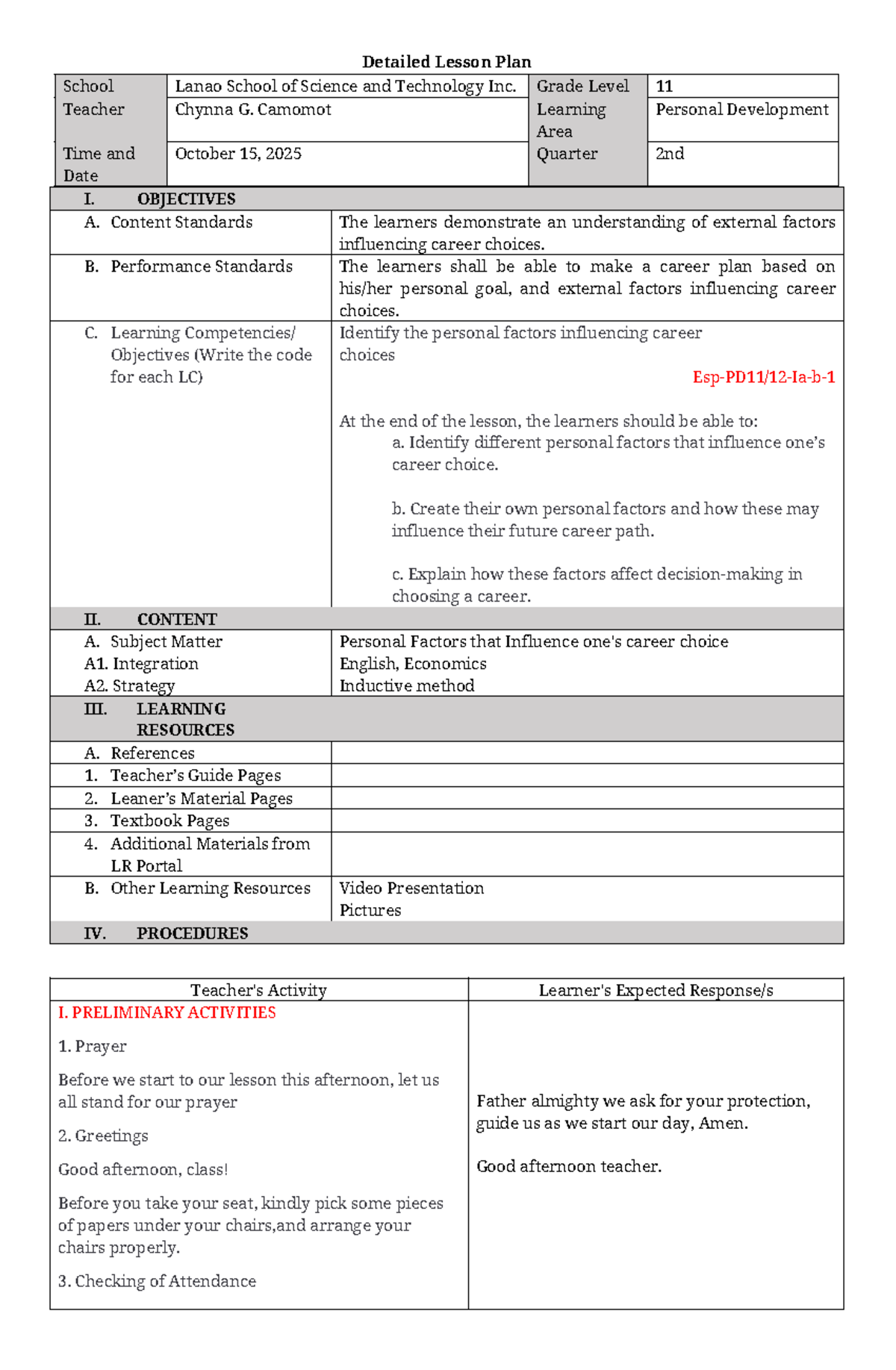 Detailed Lesson Plan on Personal Factors Influencing Career Choices ...