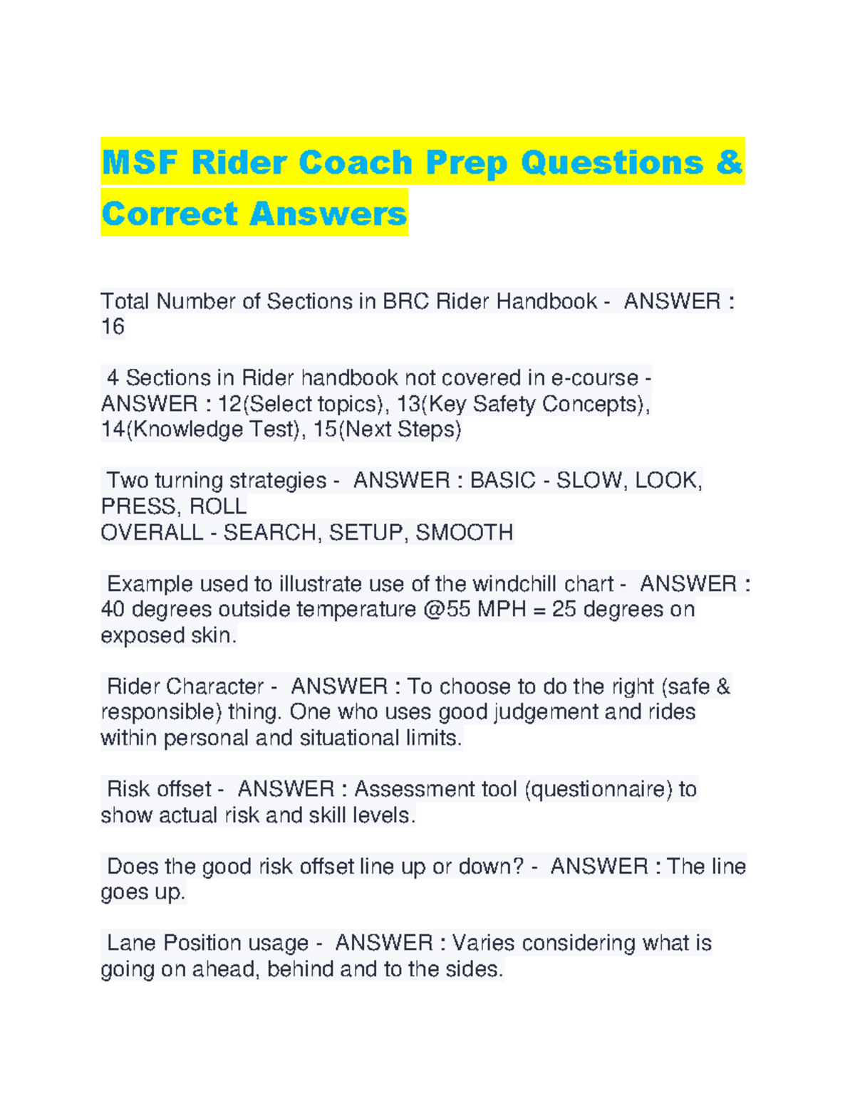 MSF Rider Coach Final Exam Prep Questions and Answers - Studocu