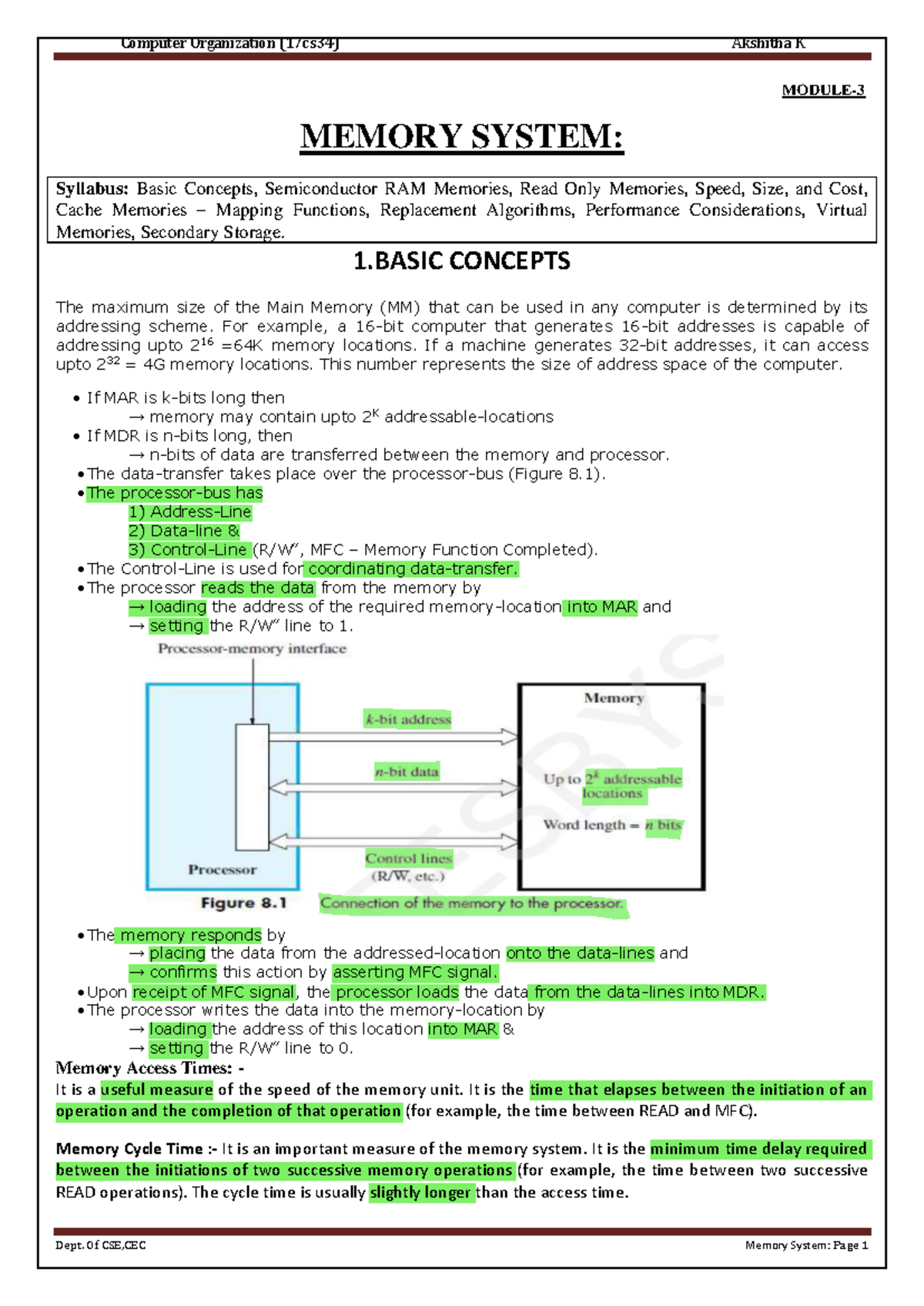 Computer Organization (17cs34) Memory System: Module 3 Notes - Studocu