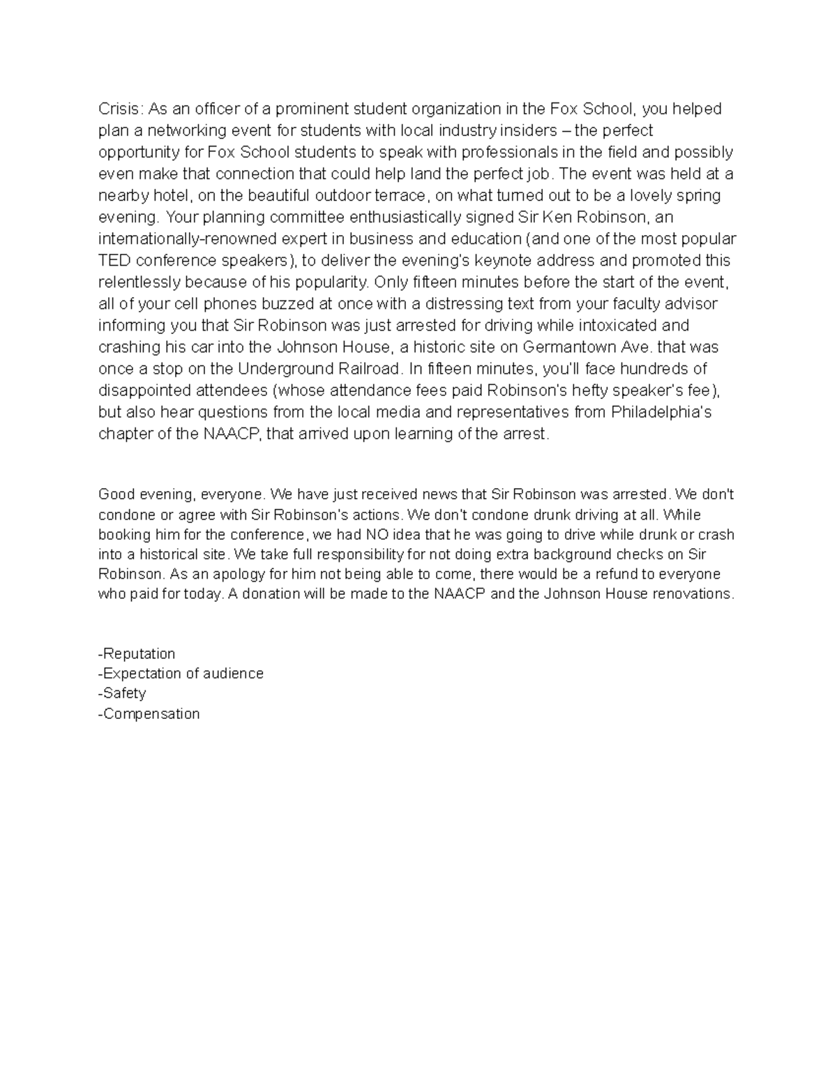 Crisis Management: Networking Event Incident - Fox School - Studocu