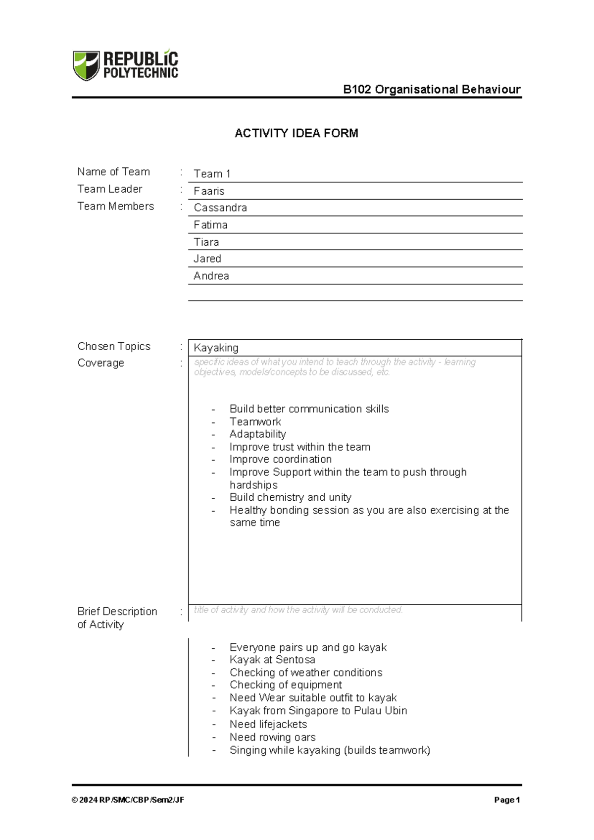 B102 OB07 Activity Idea Form - B102 Organisational Behaviour ACTIVITY ...