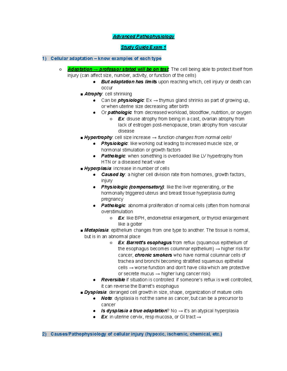 Advanced Pathophysiology Exam 1 Study Guide: Cellular Adaptation ...