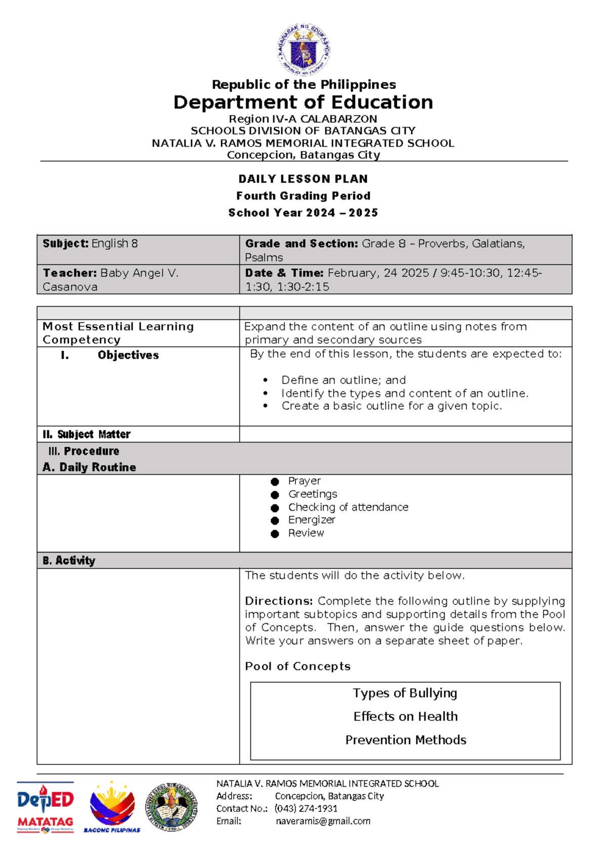 English 8 Daily Lesson Plan: Outlining Skills (Week 3, SY 2024-2025 ...