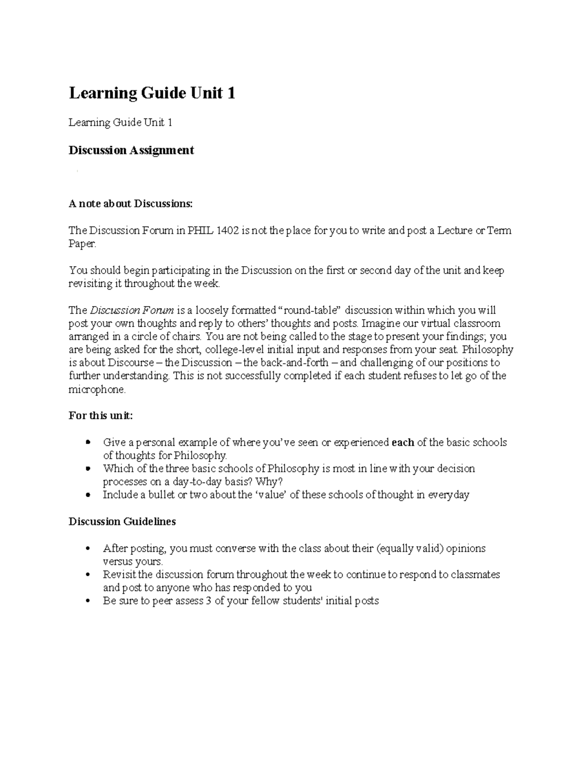 Unit 1 Discussion Assignment - (PHIL 1402) - Learning Guide Unit 1 Learning Guide Unit 1 ...