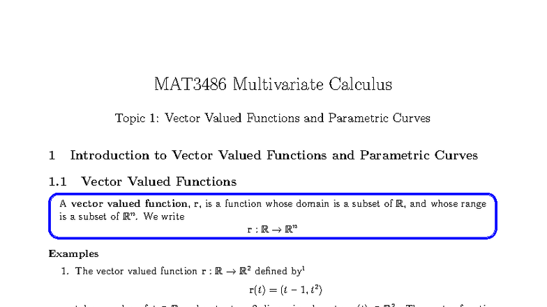 MAT3486 Multivariate Calculus Lecture Notes: Vector Functions & Curves ...