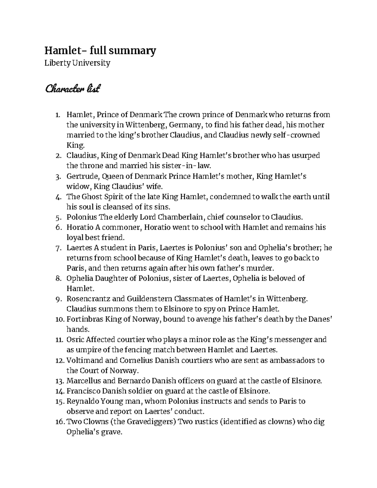 Hamlet (ENG 101) - Comprehensive Summary and Character Analysis - Studocu