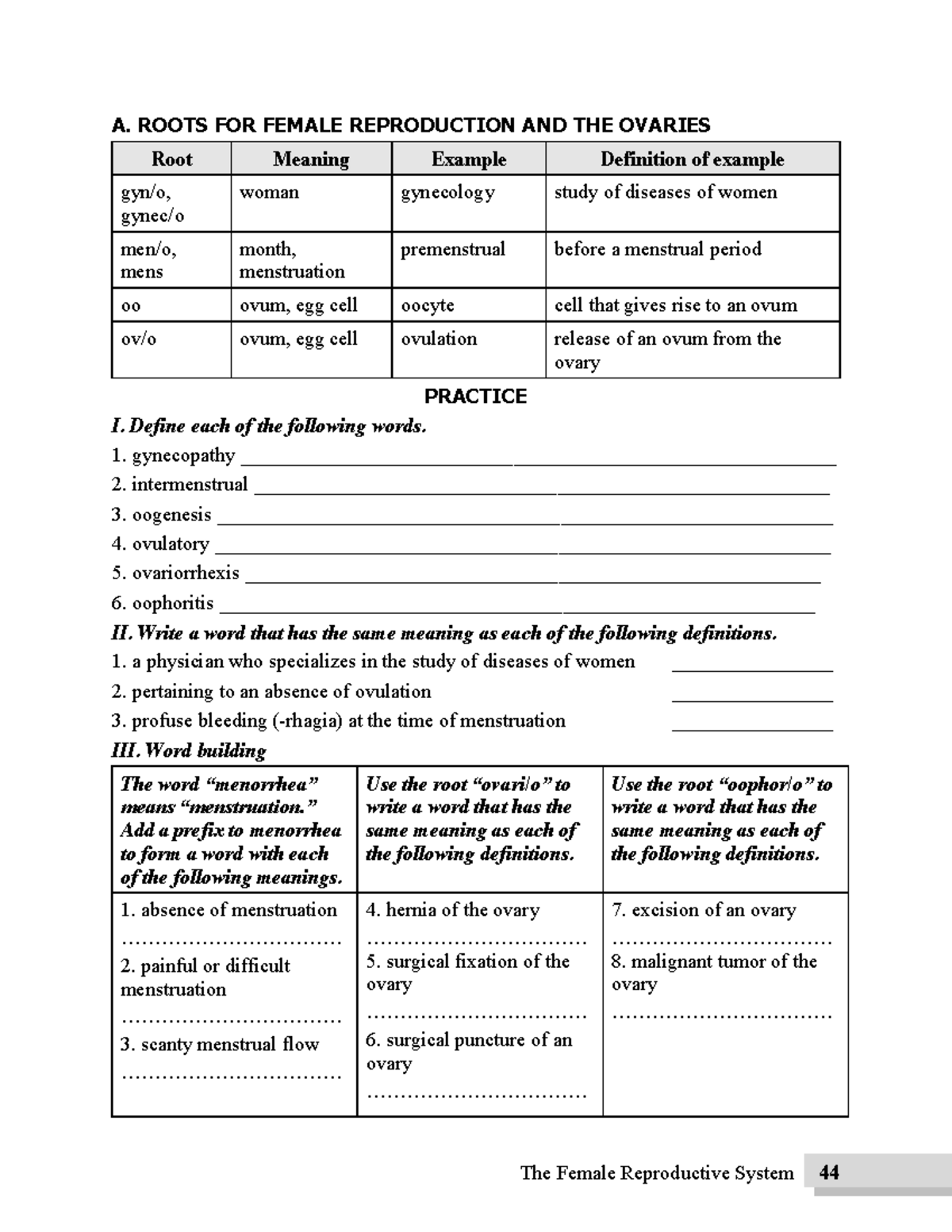 [Medical Terminology 6b Female] - A. ROOTS FOR FEMALE REPRODUCTION AND ...