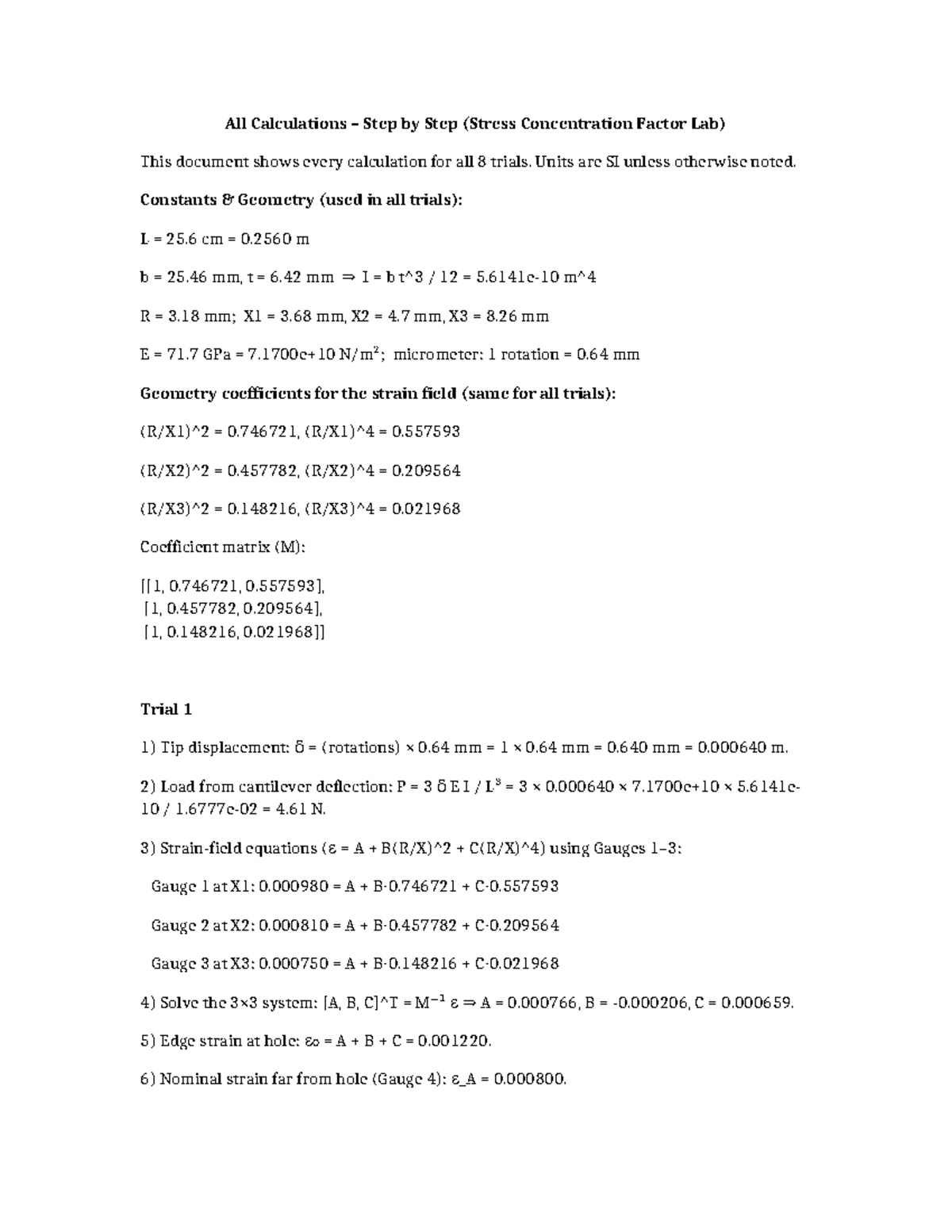 Stress Concentration Factor Lab: Detailed Calculations for All Trials ...