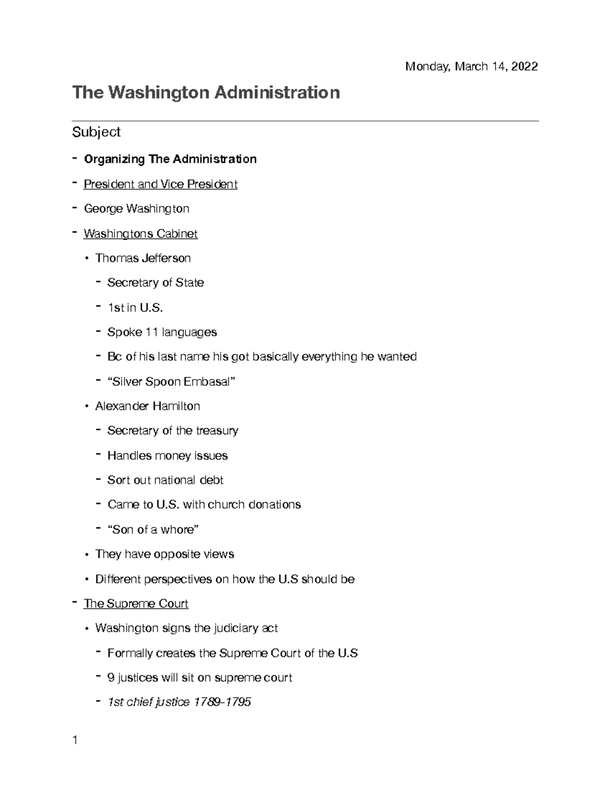 The Washington Administration - The Washington Administration Subject ...
