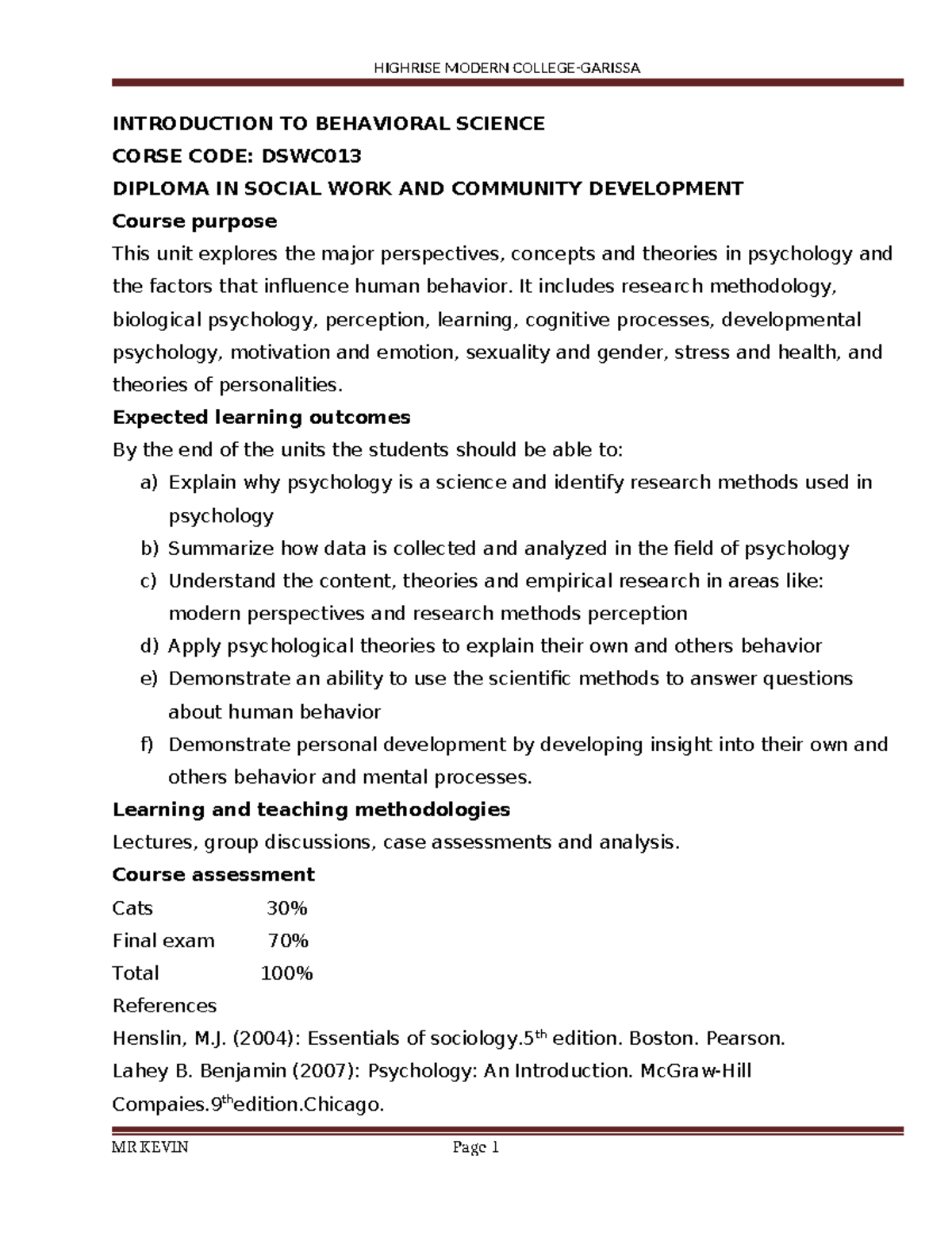 Essentials OF Behavioural Science - INTRODUCTION TO BEHAVIORAL SCIENCE ...