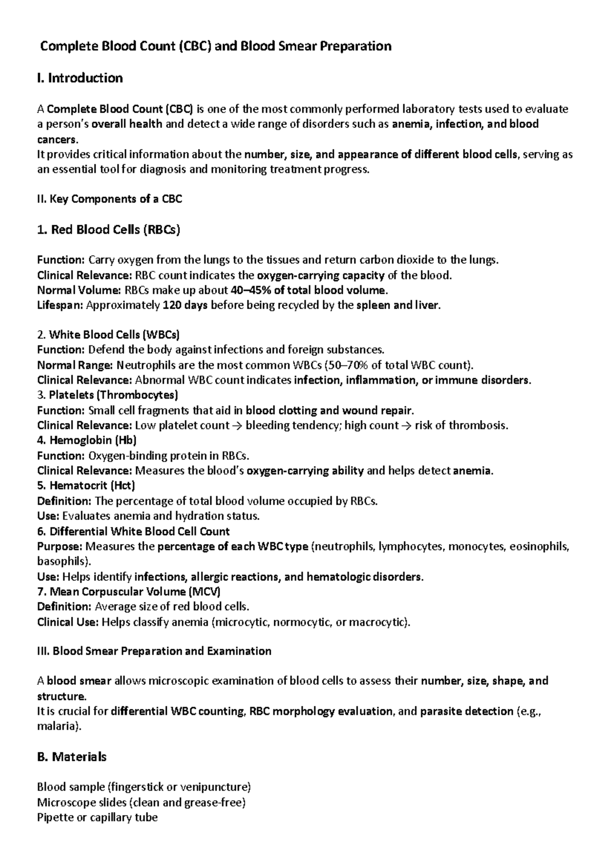 Finals Notes for Lab: Complete Blood Count (CBC) and Blood Smear Prep ...
