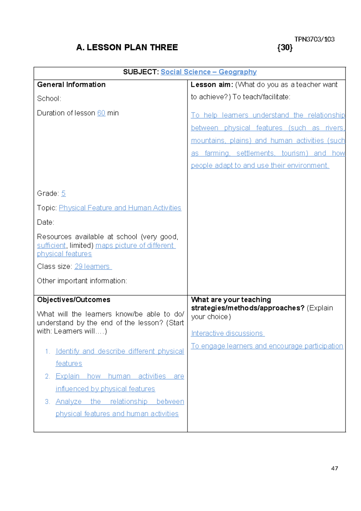 Lesson Plan 3: Geography - Physical Features & Human Activities (095153 ...