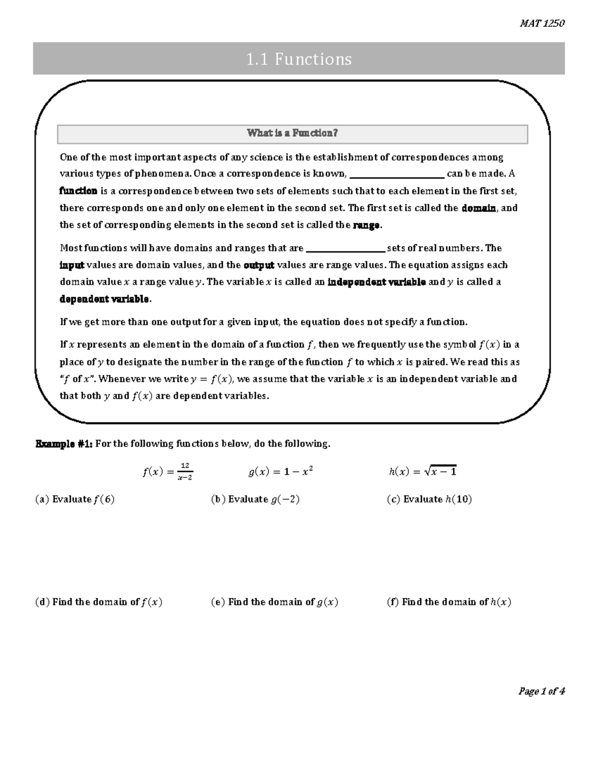 MAT 1250 Functions: Evaluating, Difference Quotient & Applications ...