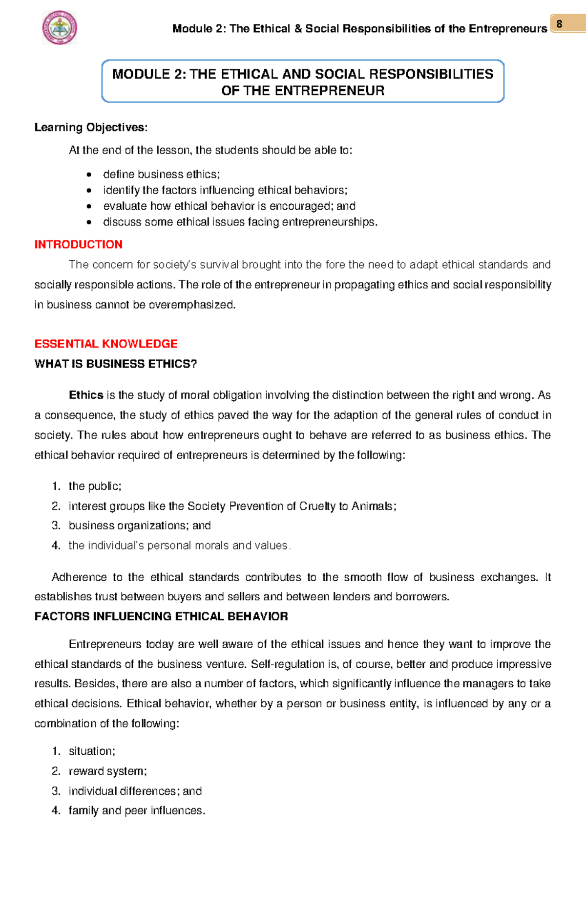 Module 2 Entrep - Module 2: The Ethical & Social Responsibilities of ...